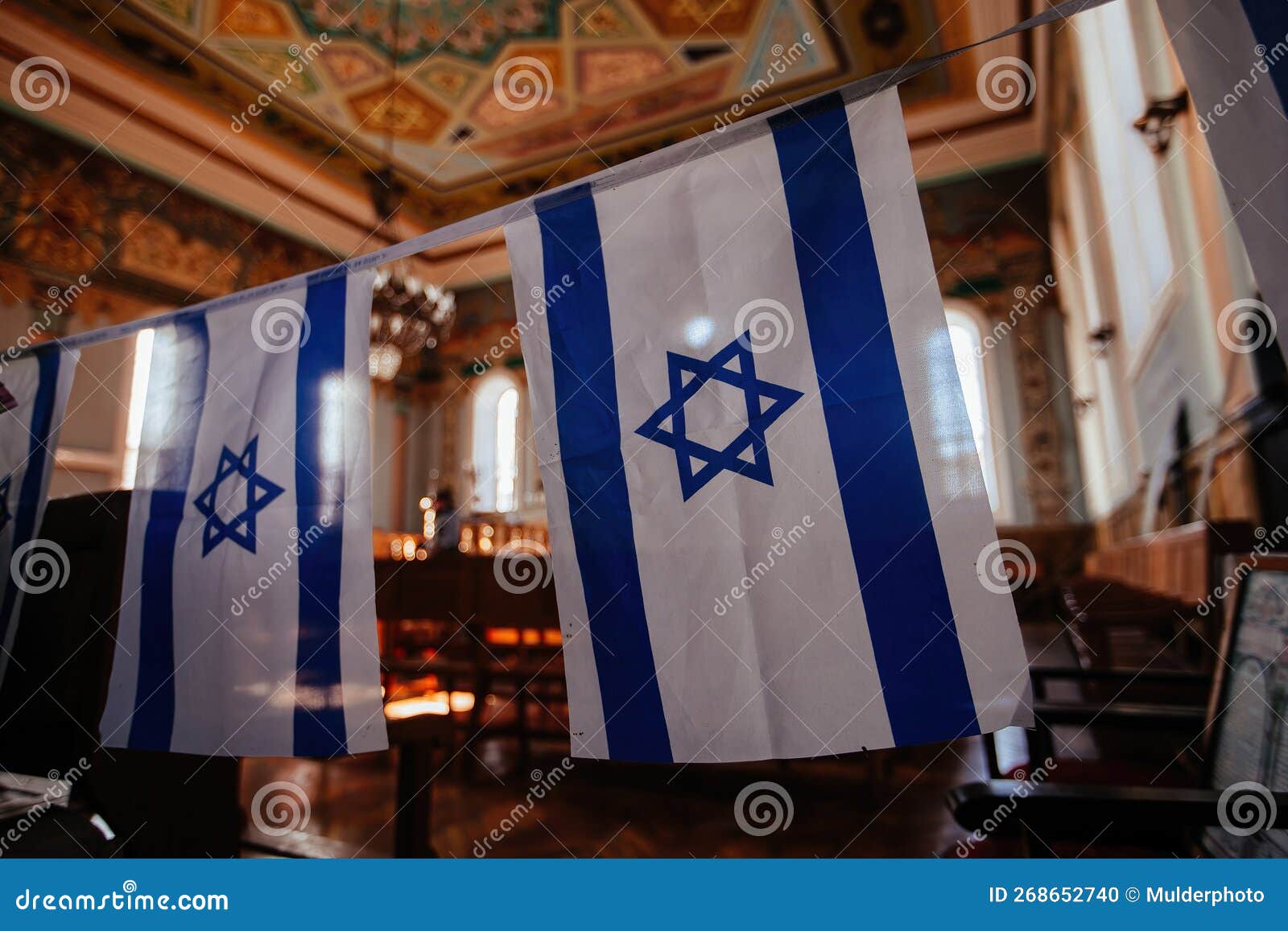 Flags of Israel Inside the Synagogue Stock Photo - Image of testament ...
