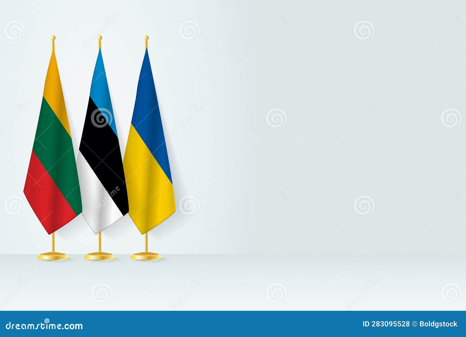 Flags of Lithuania, Estonia and Ukraine Stand in Row on Indoor Flagpole ...