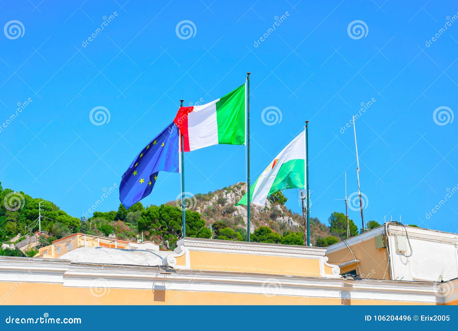 Flags on Building on Capri Island Stock Photo - Image of campania ...
