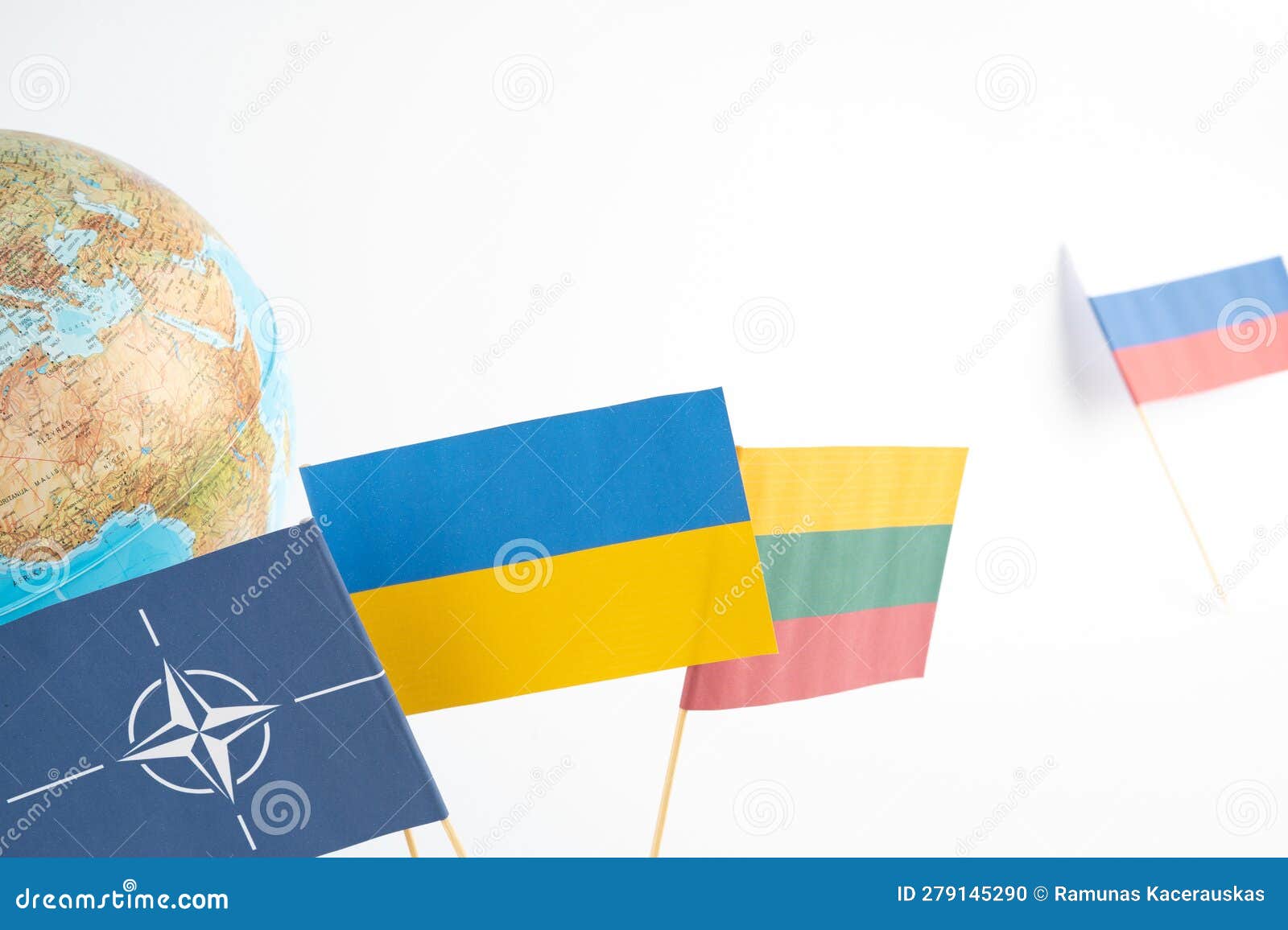 Flags of NATO, Lithuania, Ukraine and Russia. NATO Summit in Vilnius ...