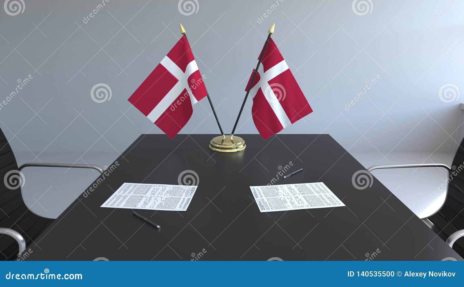Flags of Denmark and Papers on the Table. Negotiations and Signing an ...