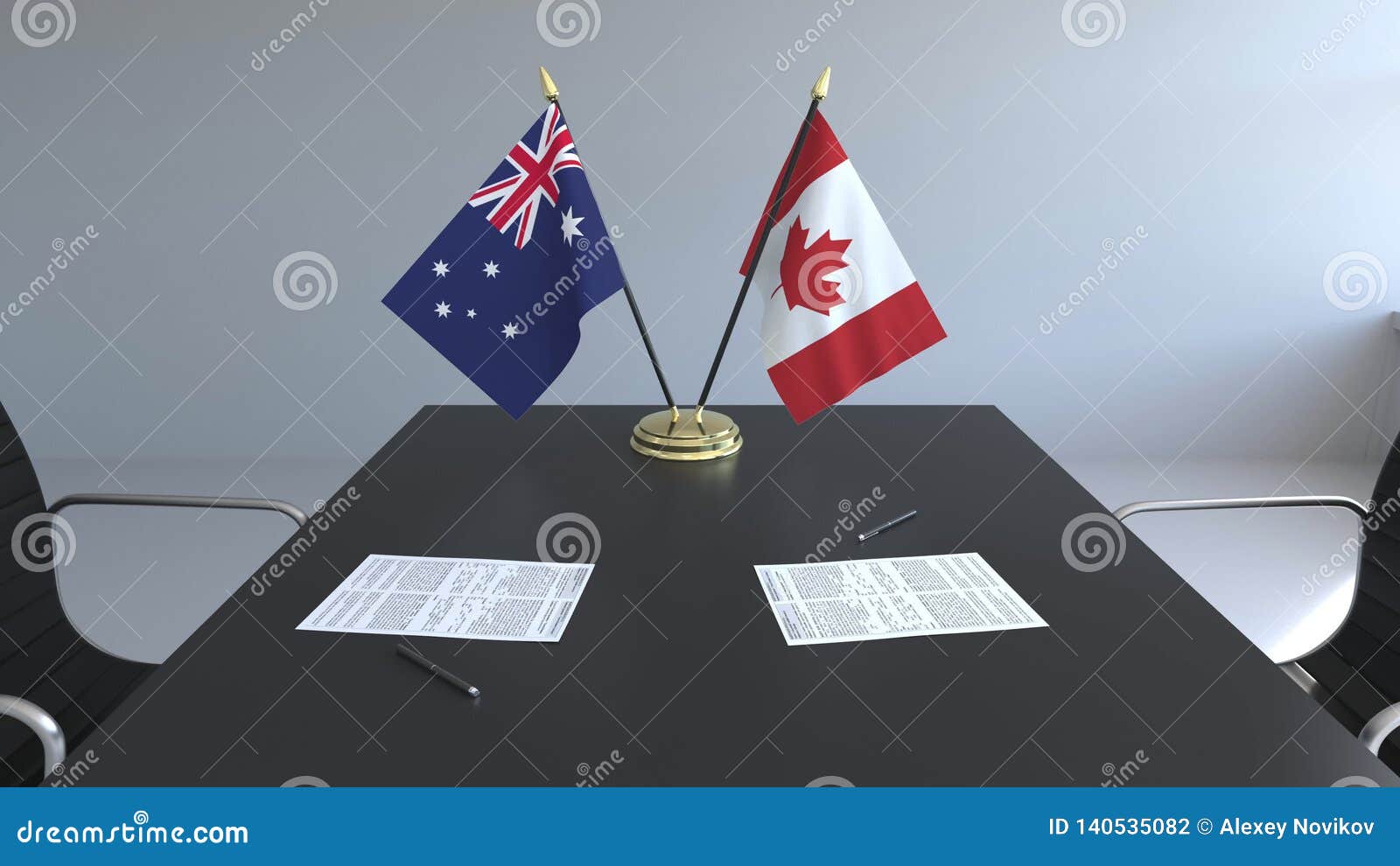 Flags of Australia and Canada and Papers on the Table. Negotiations and ...