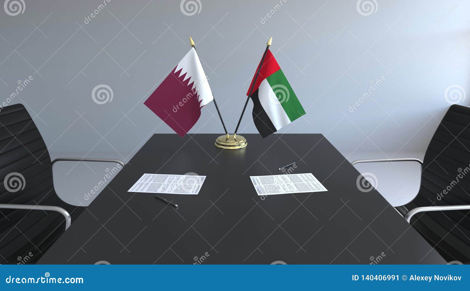 Flags of Qatar and the UAE and Papers on the Table. Negotiations and ...