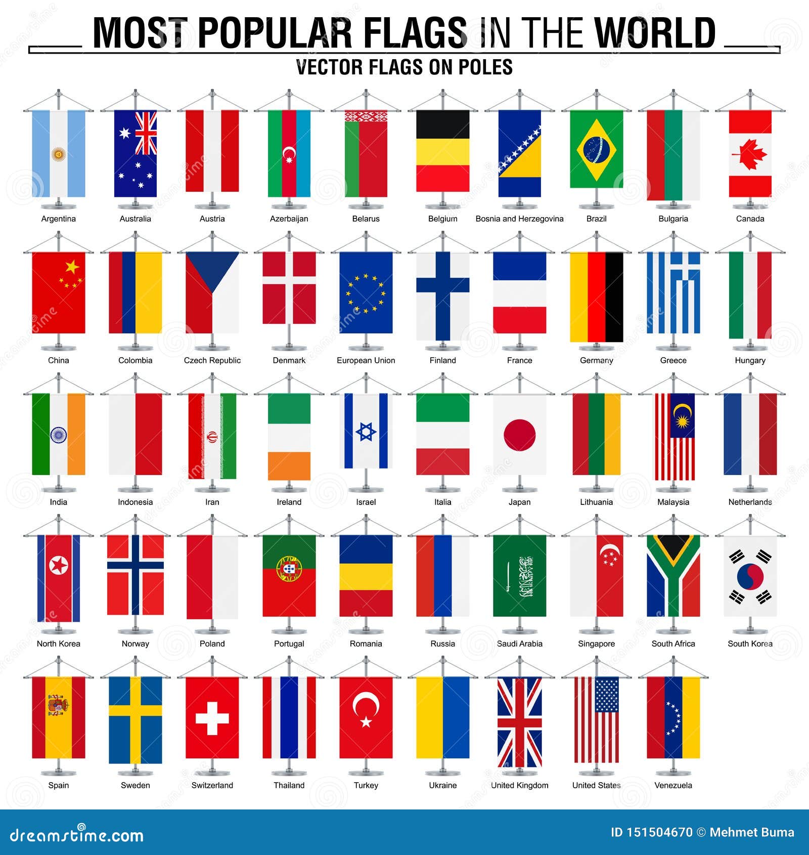 Flags on Poles, Most Popular World Flags Stock Illustration ... Flags on Poles, Most Popular World Flags Stock Illustration ...