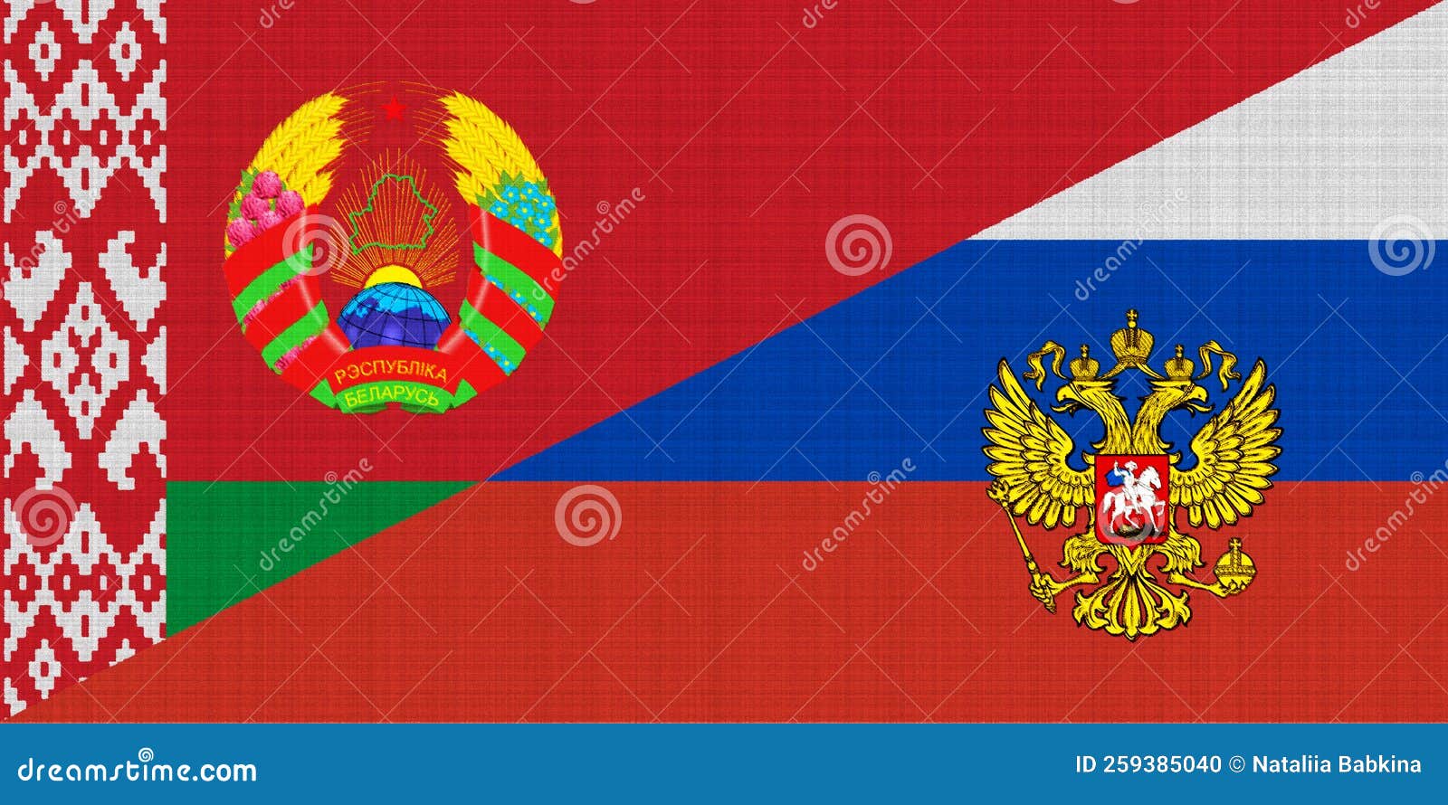 Flags of Russia and Belarus on Textured Fabric. Concept of Cooperation ...