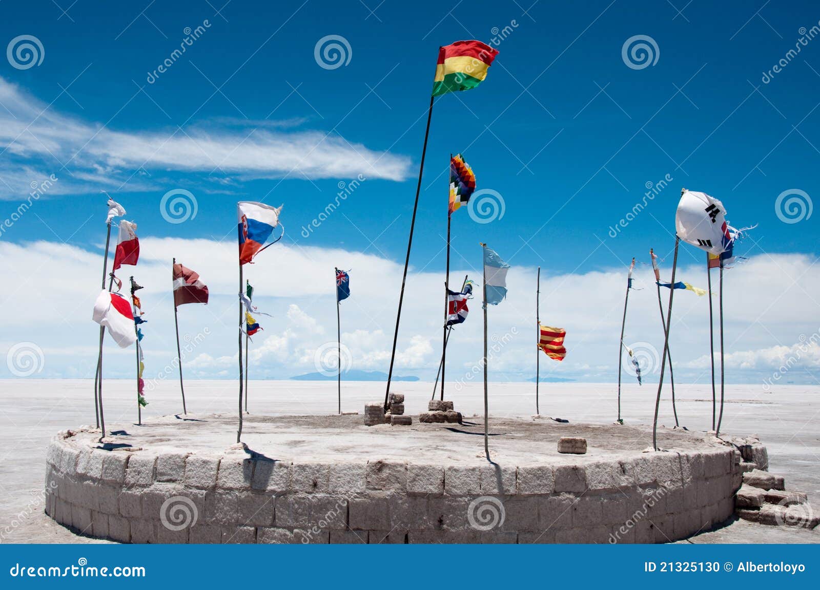 Flags at the Salt Hotel, Uyuni (Bolivia) Stock Photo - Image of round ...