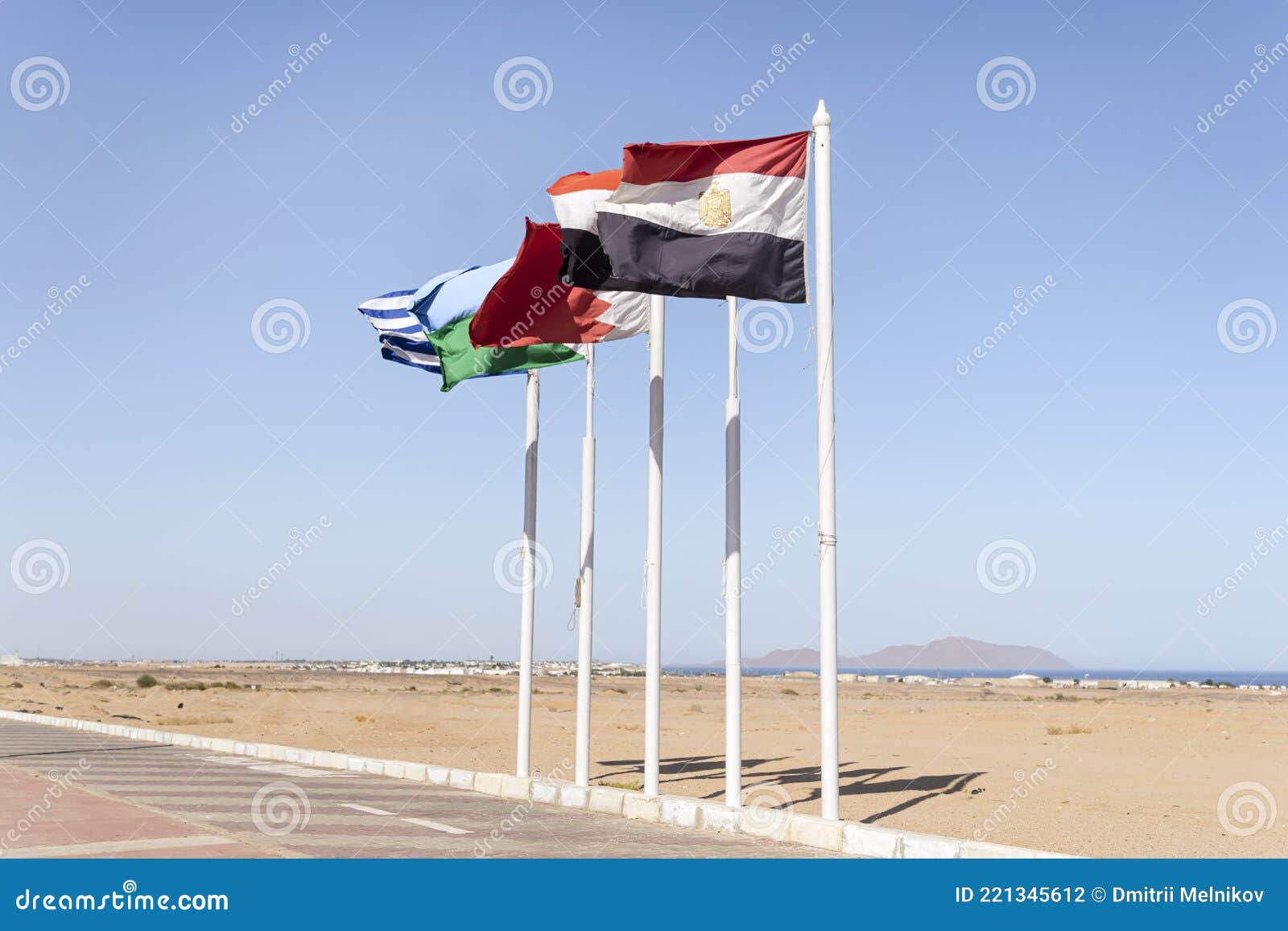 Flags of States on the Background of Mountains, Desert , Sky Stock ...