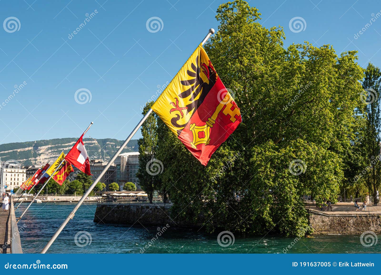 Flags of Switzerland and the City of Geneva on a Bridge in Geneva ...