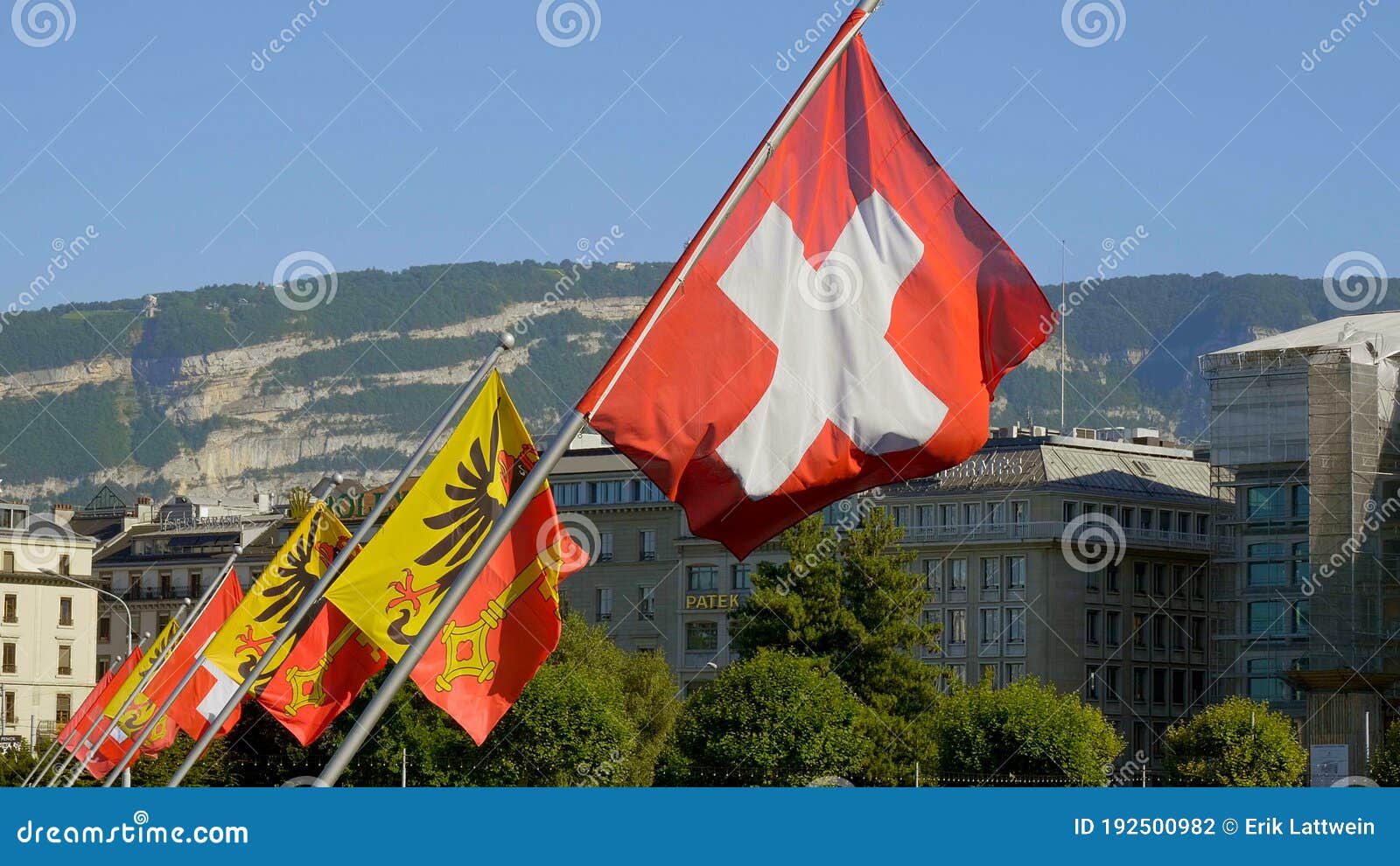 Flags of Switzerland and the City of Geneva on a Bridge in Geneva ...