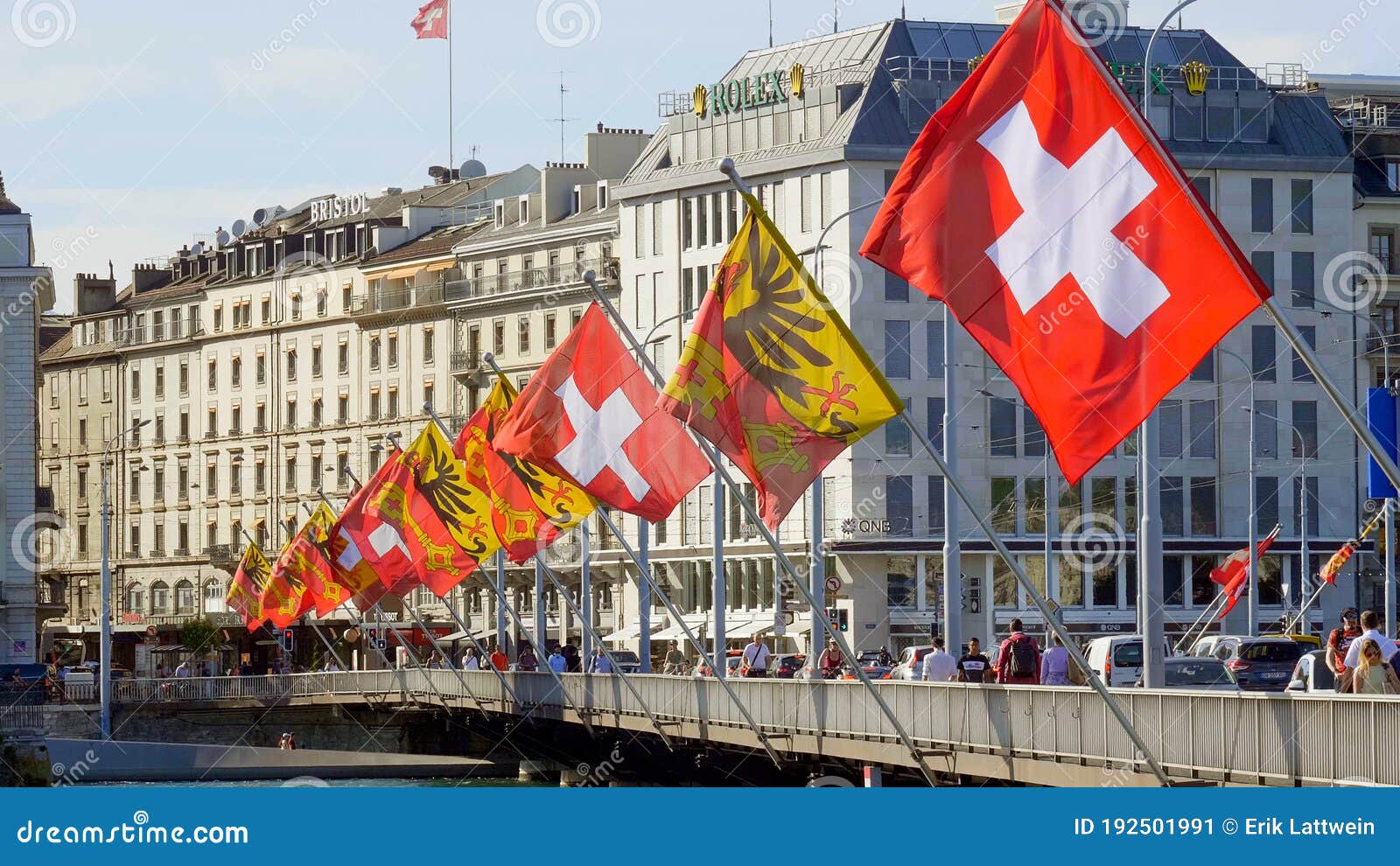 Flags of Switzerland and the City of Geneva on a Bridge in Geneva ...