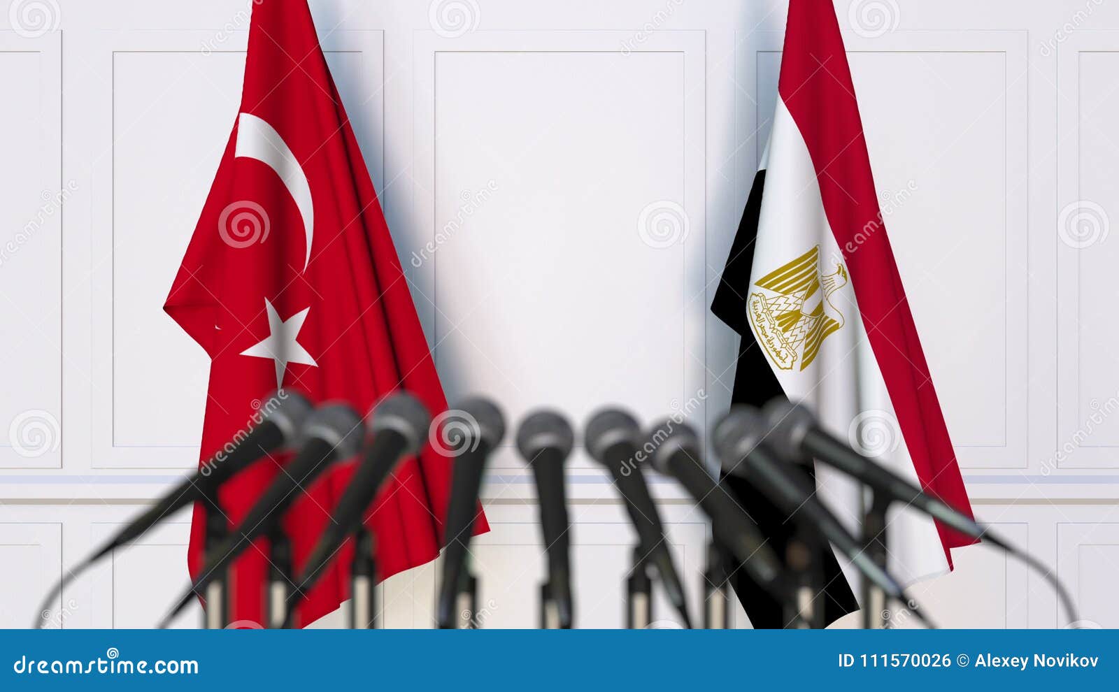 Flags of Turkey and Egypt at International Meeting or Conference. 3D ...
