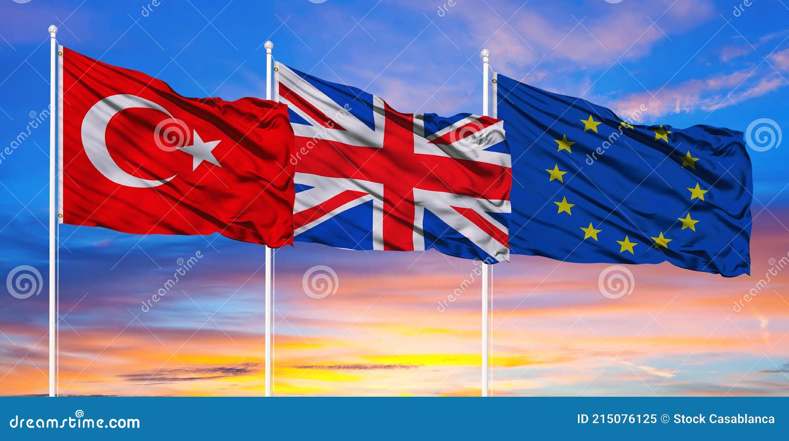 Flags of Turkey, European Union and Britain. Exit from the Union Stock ...