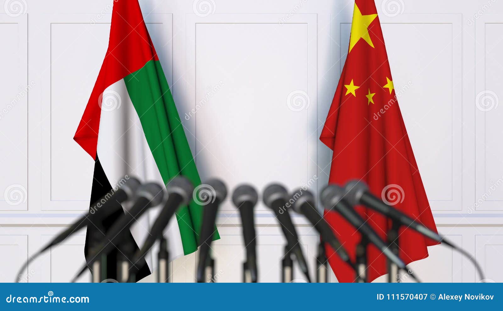 Flags of the UAE and China at International Meeting or Conference. 3D ...