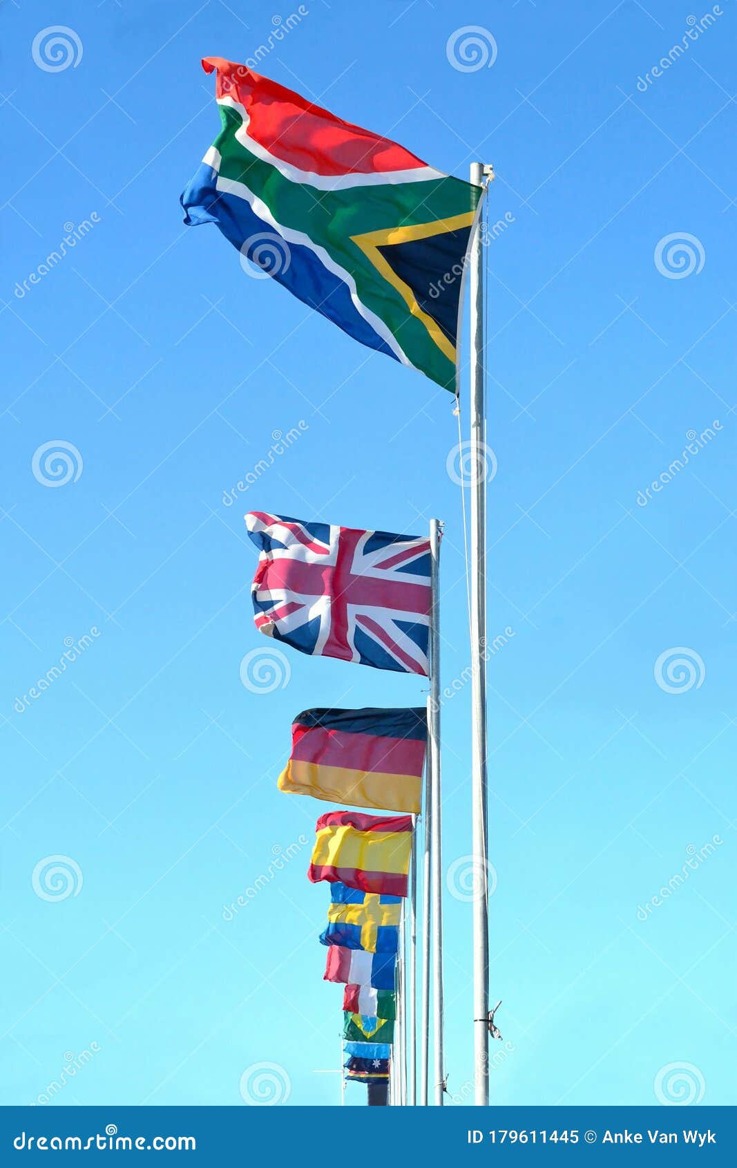 Flags of the World on Blue Sky Background Stock Image - Image of ...