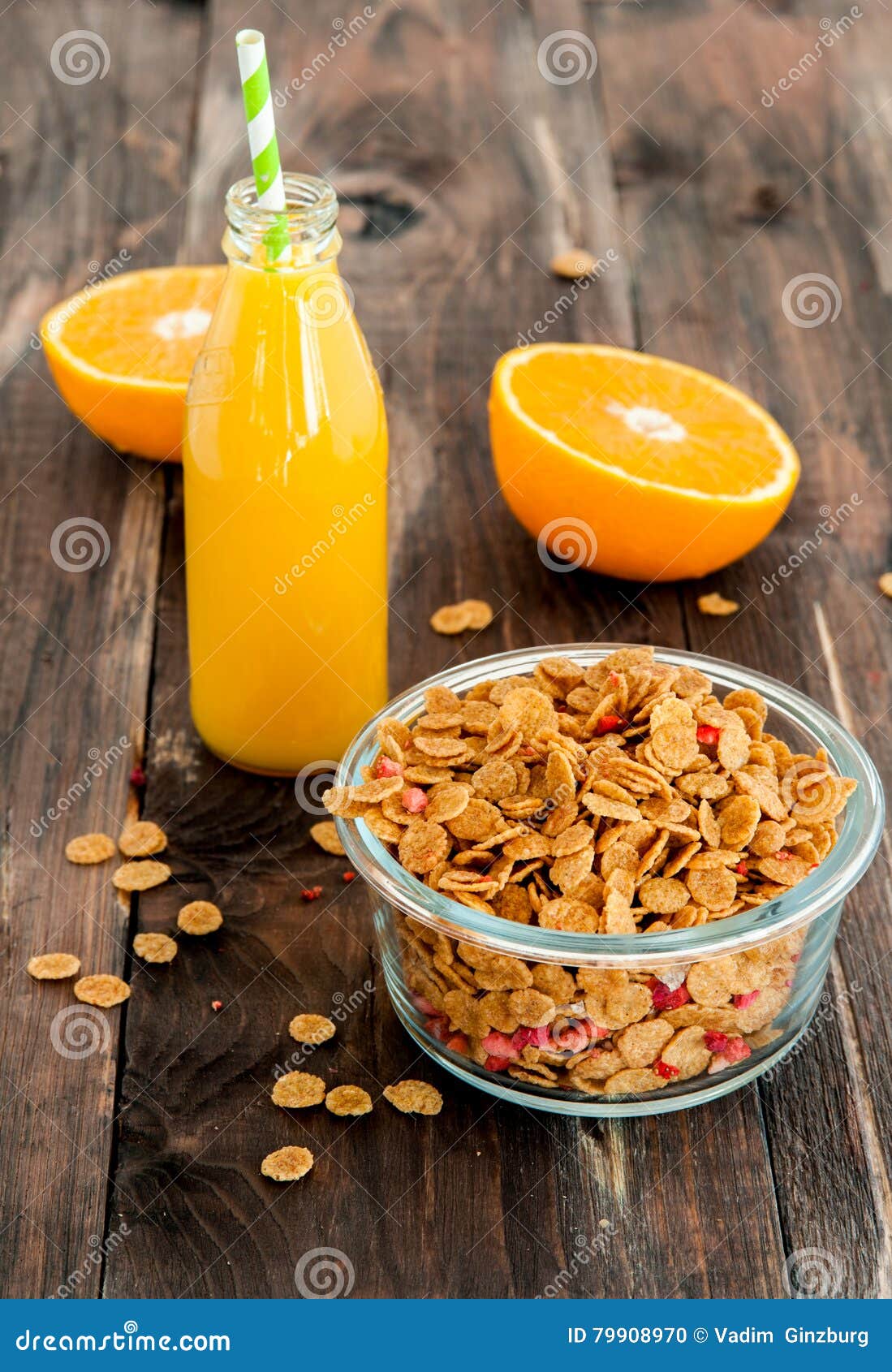 Flakes in Bowl with Orange on Dark Wooden Background Stock Photo ...