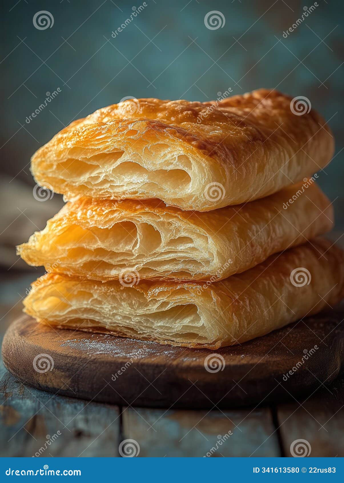 Flaky, Stacked Pastry Layers on Round Wooden Board with Soft Background ...