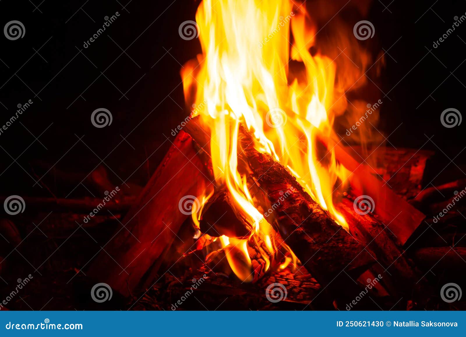 The Flame of a Bright Fire Burning at Night in the Camp. Stock Photo ...