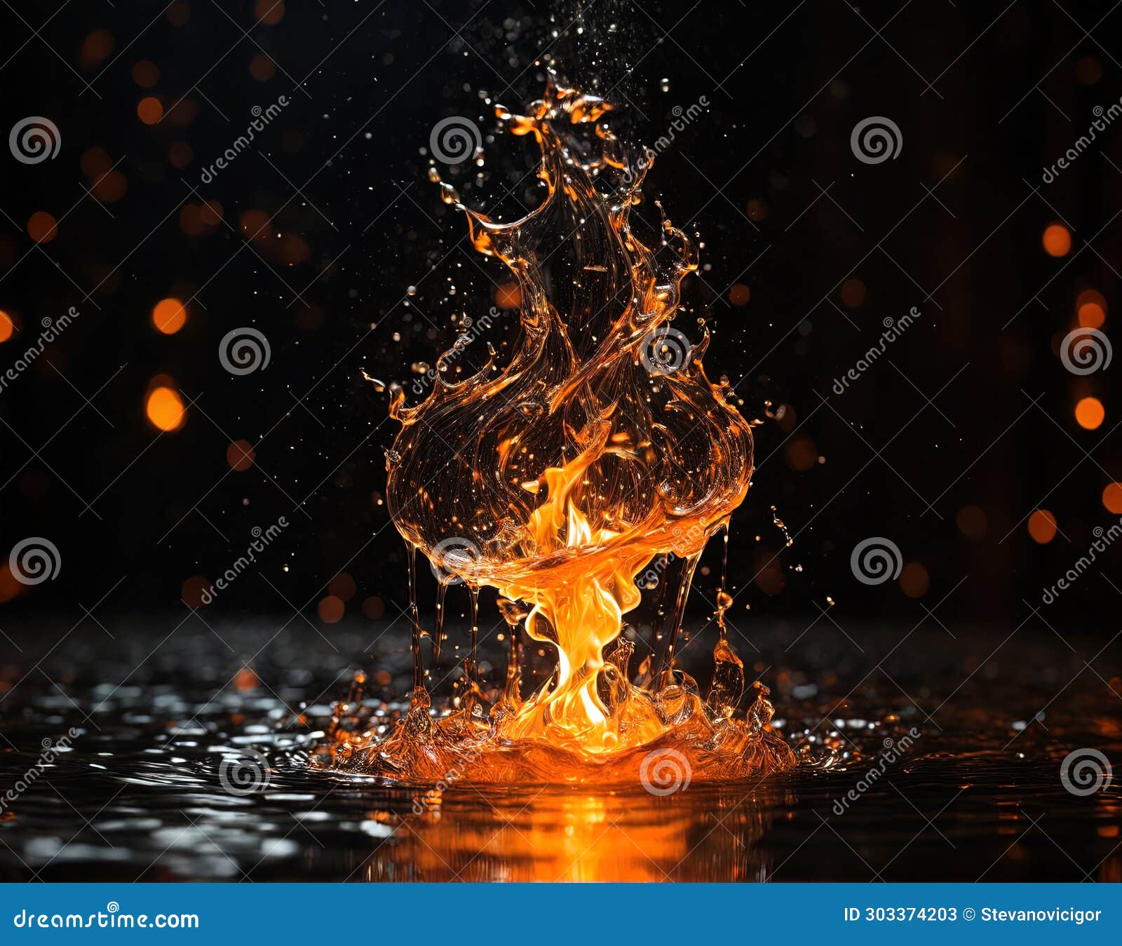 Flame Dancing Surrounded by Shimmering Droplets of Water Stock ...