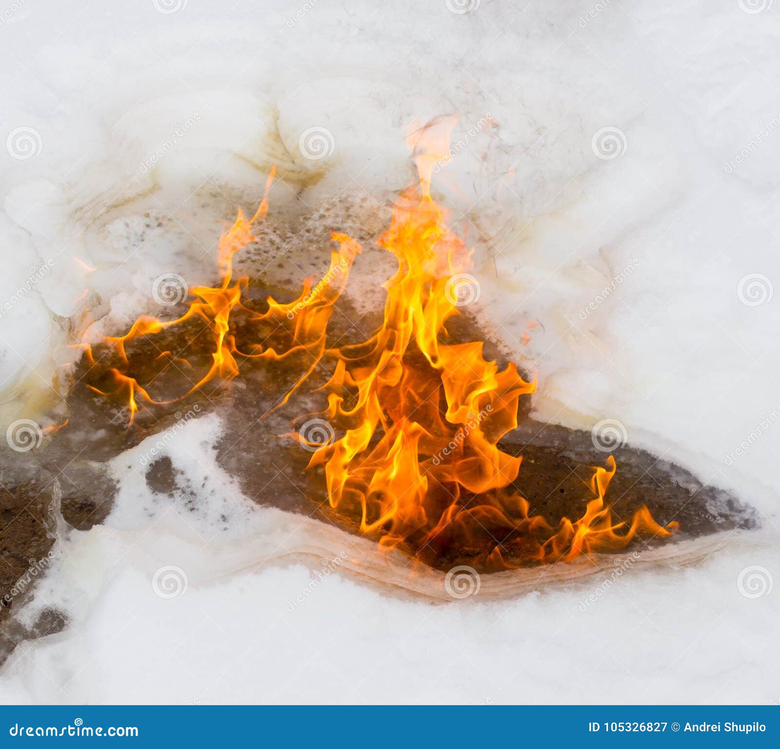 Flame of Fire on White Snow in Winter Stock Image - Image of accident ...