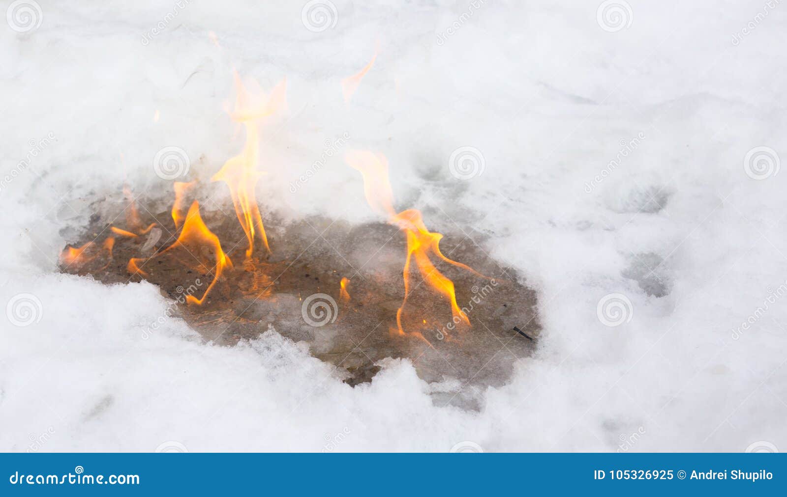 Flame of Fire on White Snow in Winter Stock Image - Image of gasoline ...