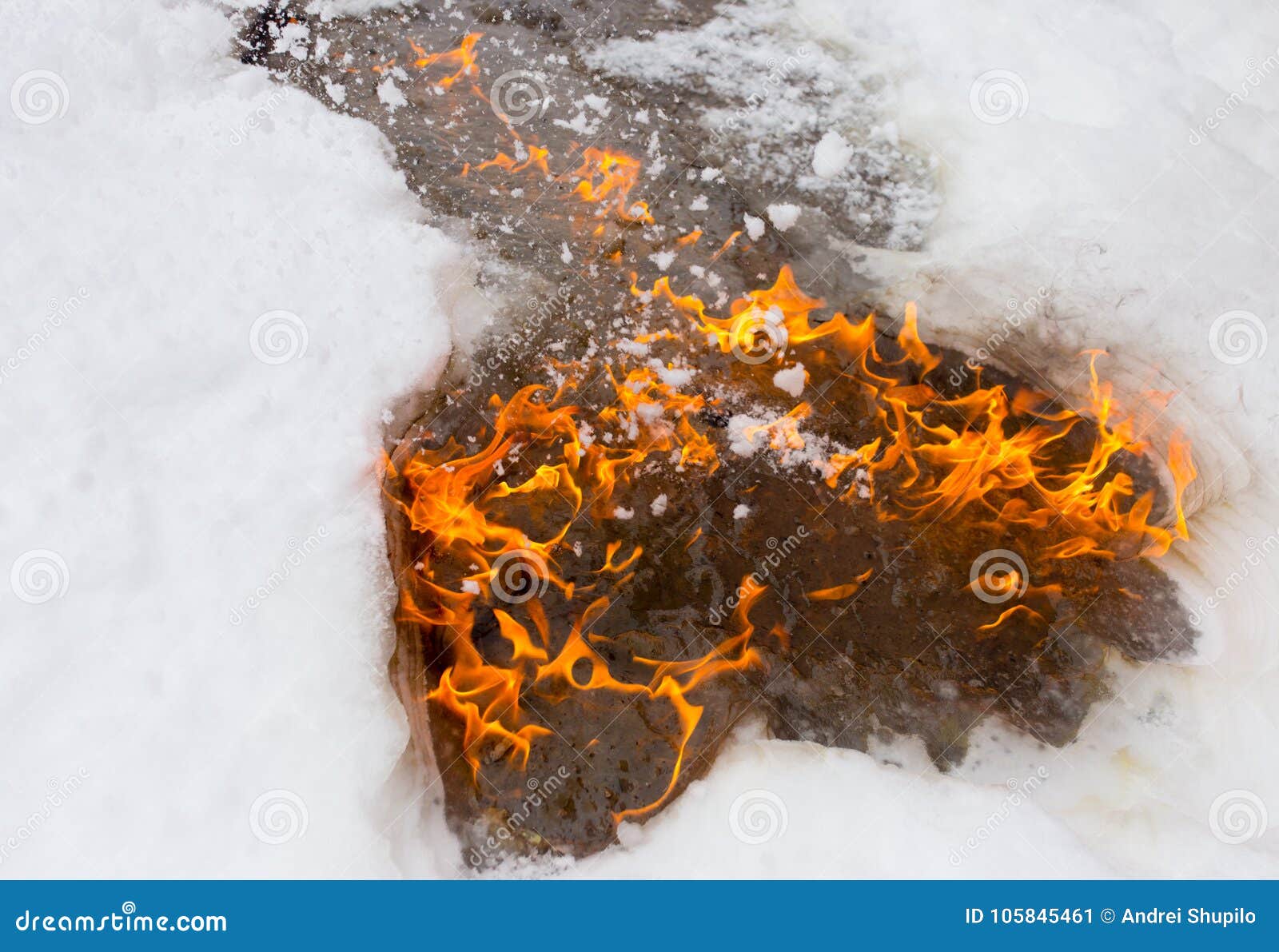Flame of Fire on White Snow in Winter Stock Image - Image of water ...