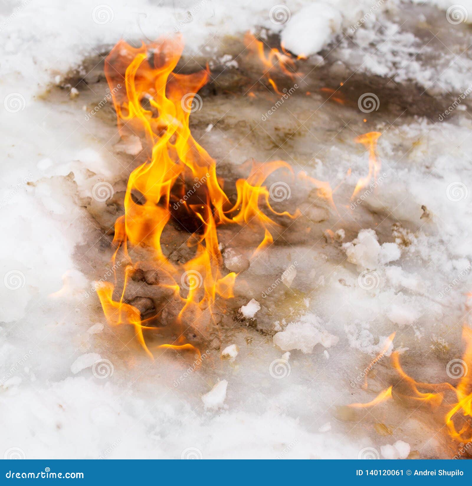 Flame of Fire on White Snow in Winter Stock Image - Image of accident ...