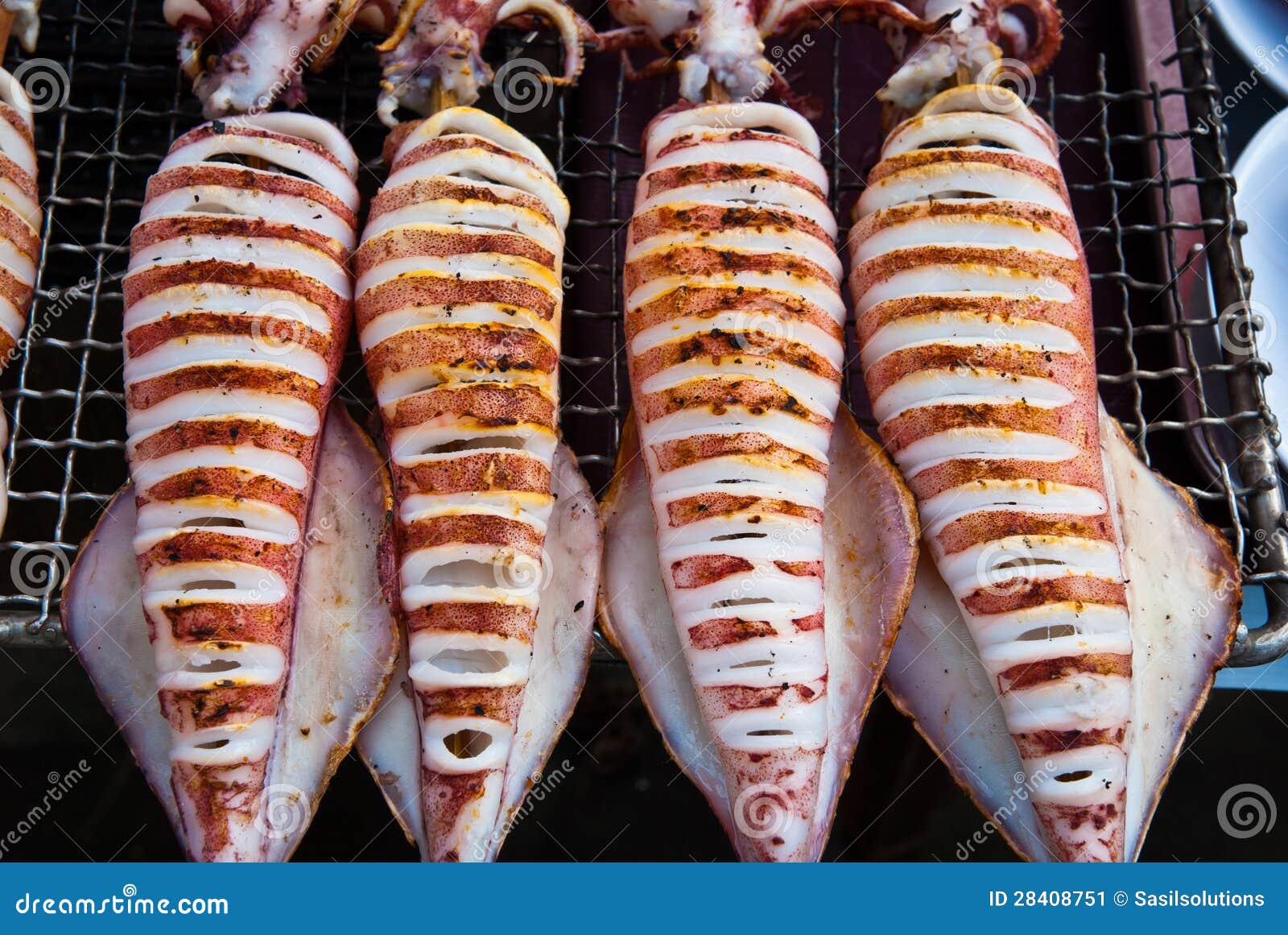 Flame Grilled Large Squids on a Bbq Platform Stock Image - Image of ...