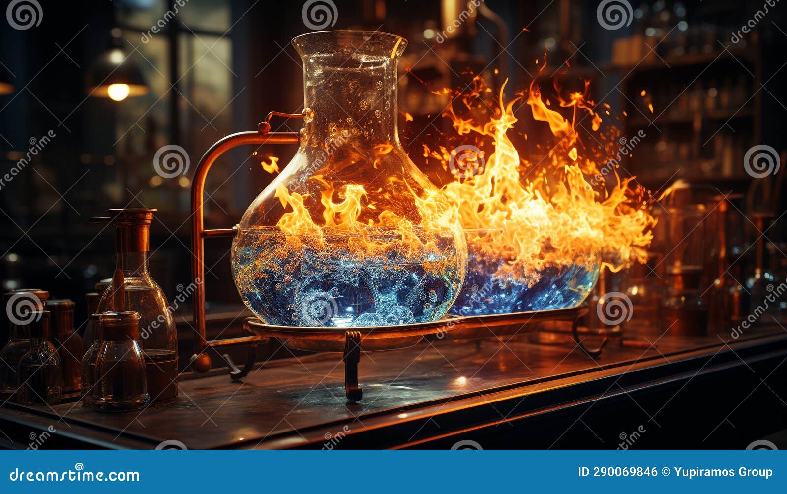 Flame Illuminates Glass Flask, Burning Alcohol in Scientific Experiment ...