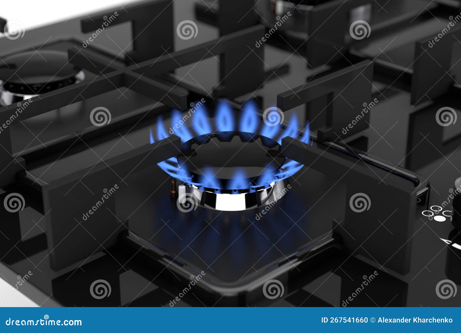 Flame of Methane Gas with Black Modern Kitchen Gas Stove. 3d Rendering ...