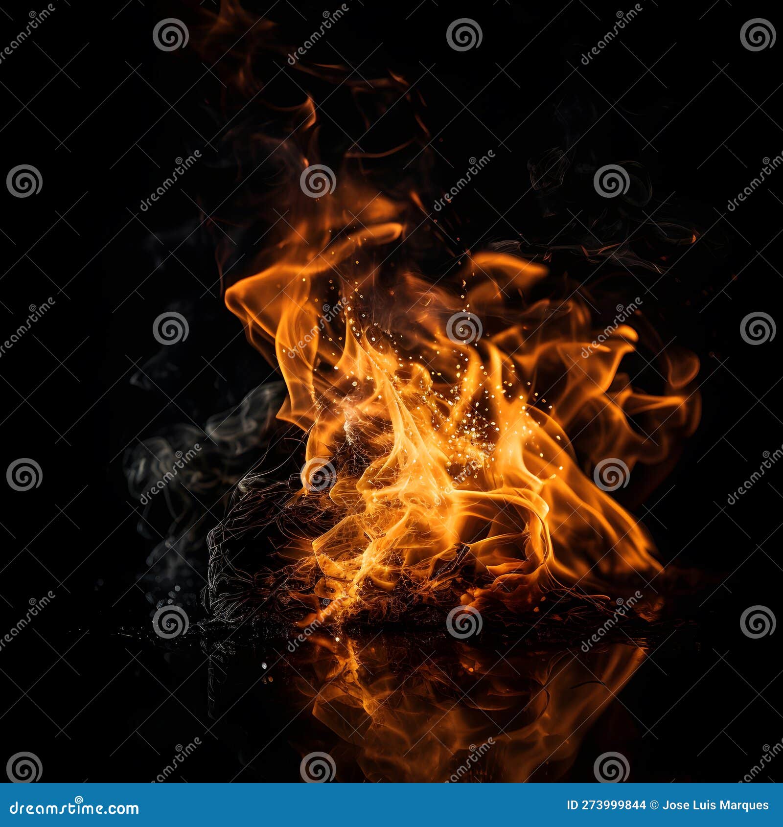Real Fire Flames Of Blue Color With Reflection Isolated On Black ...