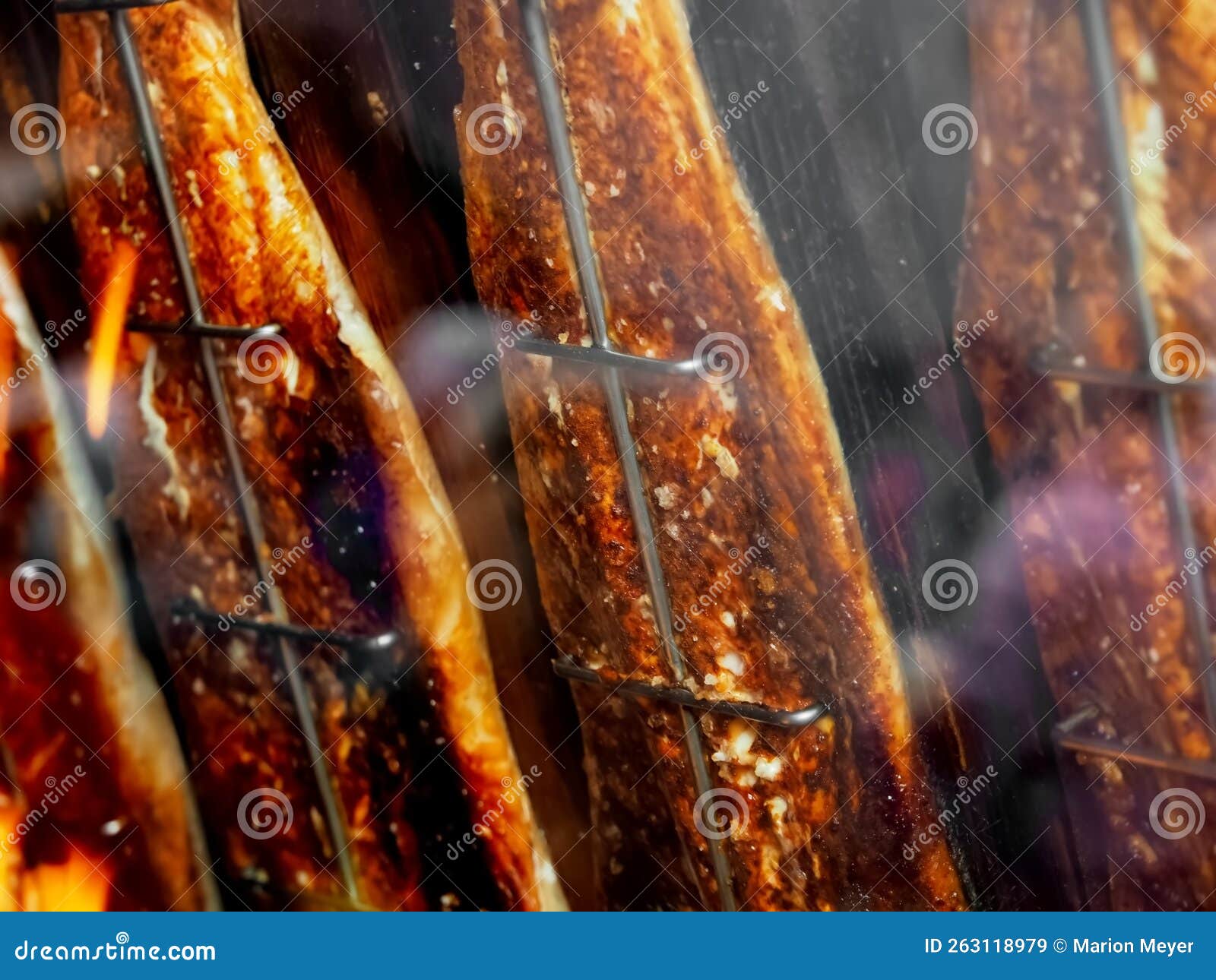 Flamed Salmon on a Grill with Fire Stock Image - Image of delicacy ...