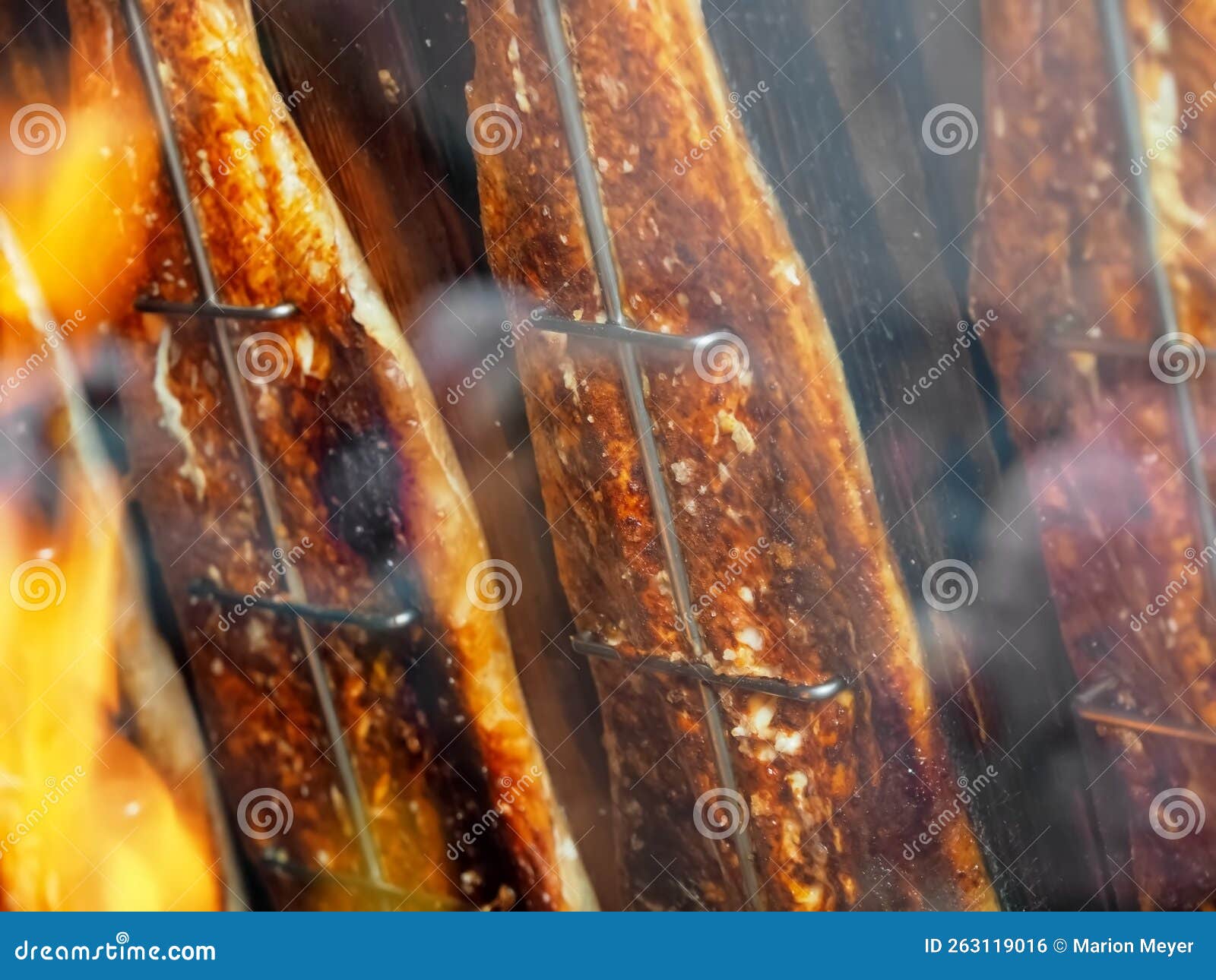 Flamed Salmon on a Grill with Fire Stock Photo - Image of enjoyment ...