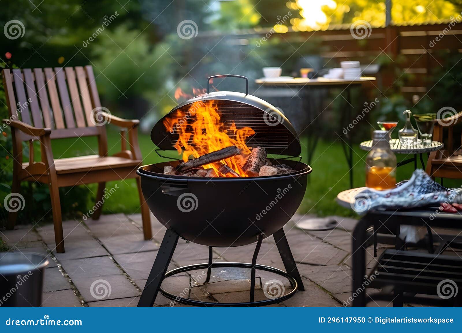 Flames are Burning in a Barbecue on a Patio with Chairs on Backyard ...