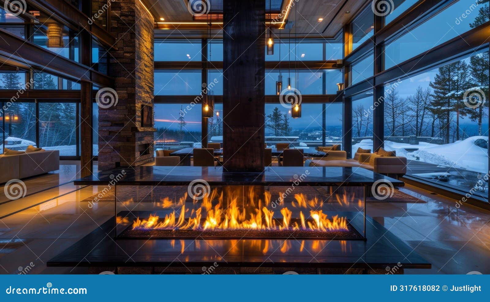 The Flames Dance and Flicker within the Glassenclosed Fireplace ...
