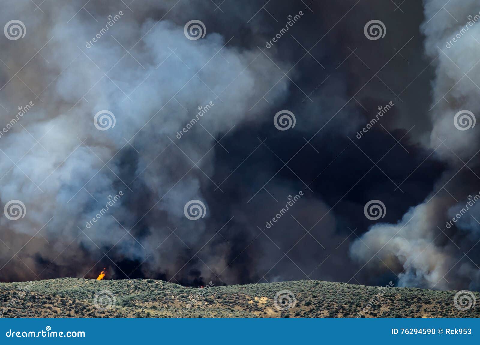 Flames and Dense White Smoke Rising from the Raging Wildfire Stock ...