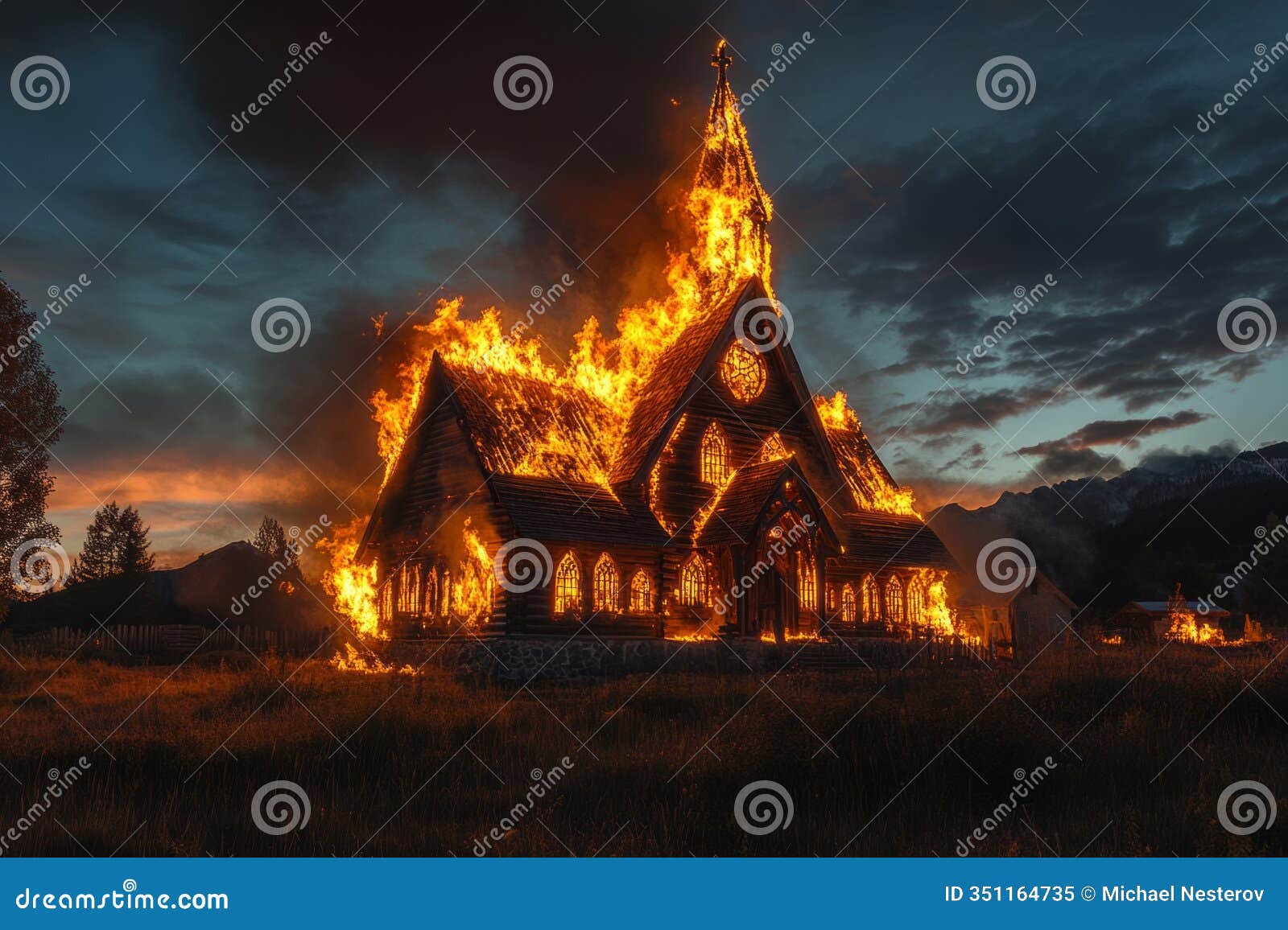 Flames Engulfing a Church at Night, Creating a Dramatic Scene of ...