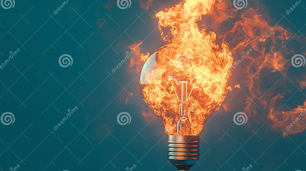 Flames are Engulfing a Light Bulb As it Explodes in 3D on a Blue ...