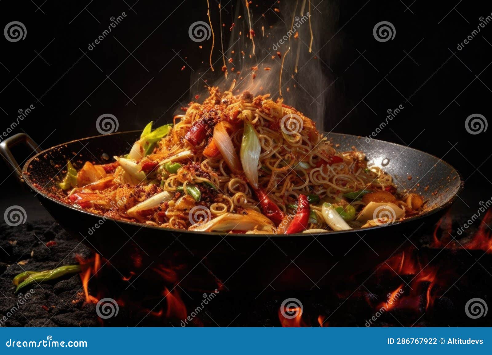 Flames Engulfing Wok with Noodles and Spices Stock Photo - Image of ...