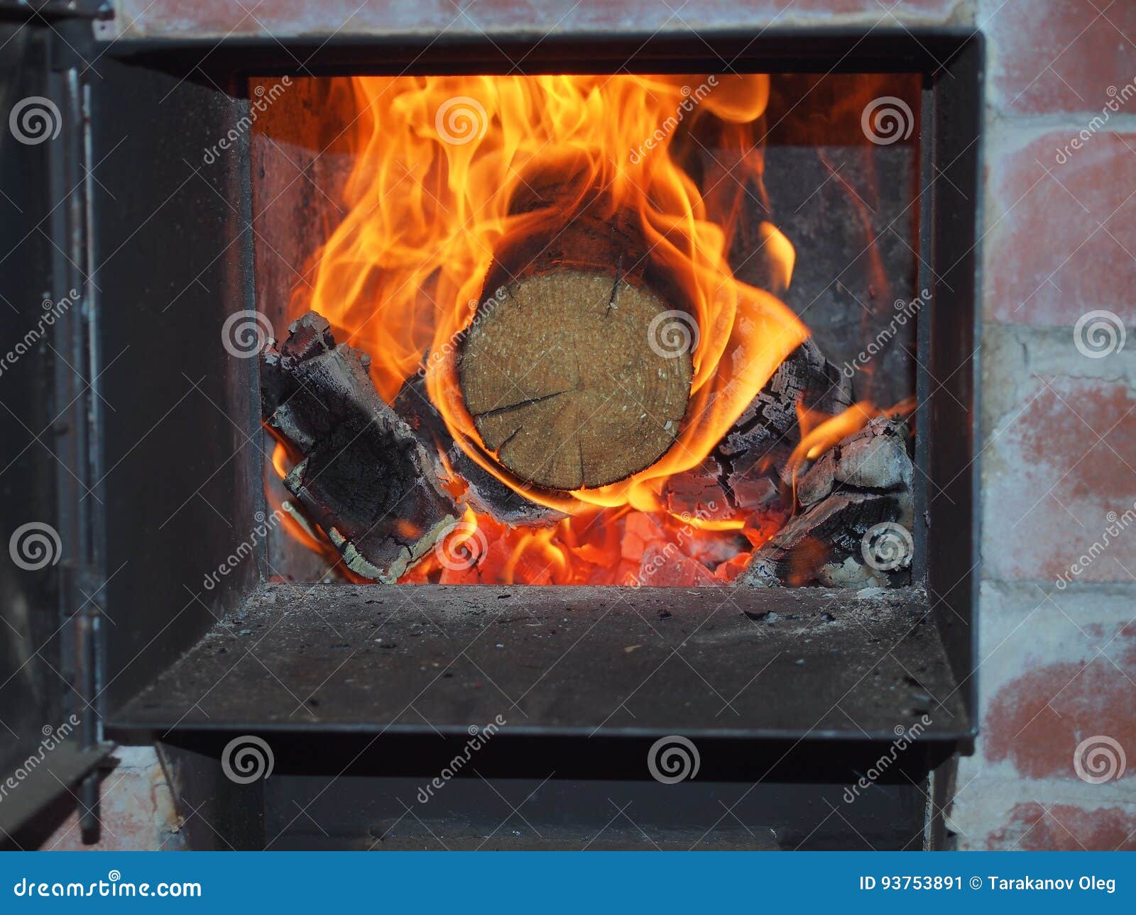 The Flames in the Firebox. Burning Firewood Stock Image - Image of ...