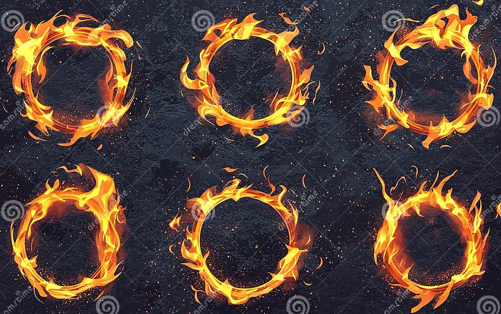 Flames Forming Circular Rings on a Dark Background Showcasing Various ...