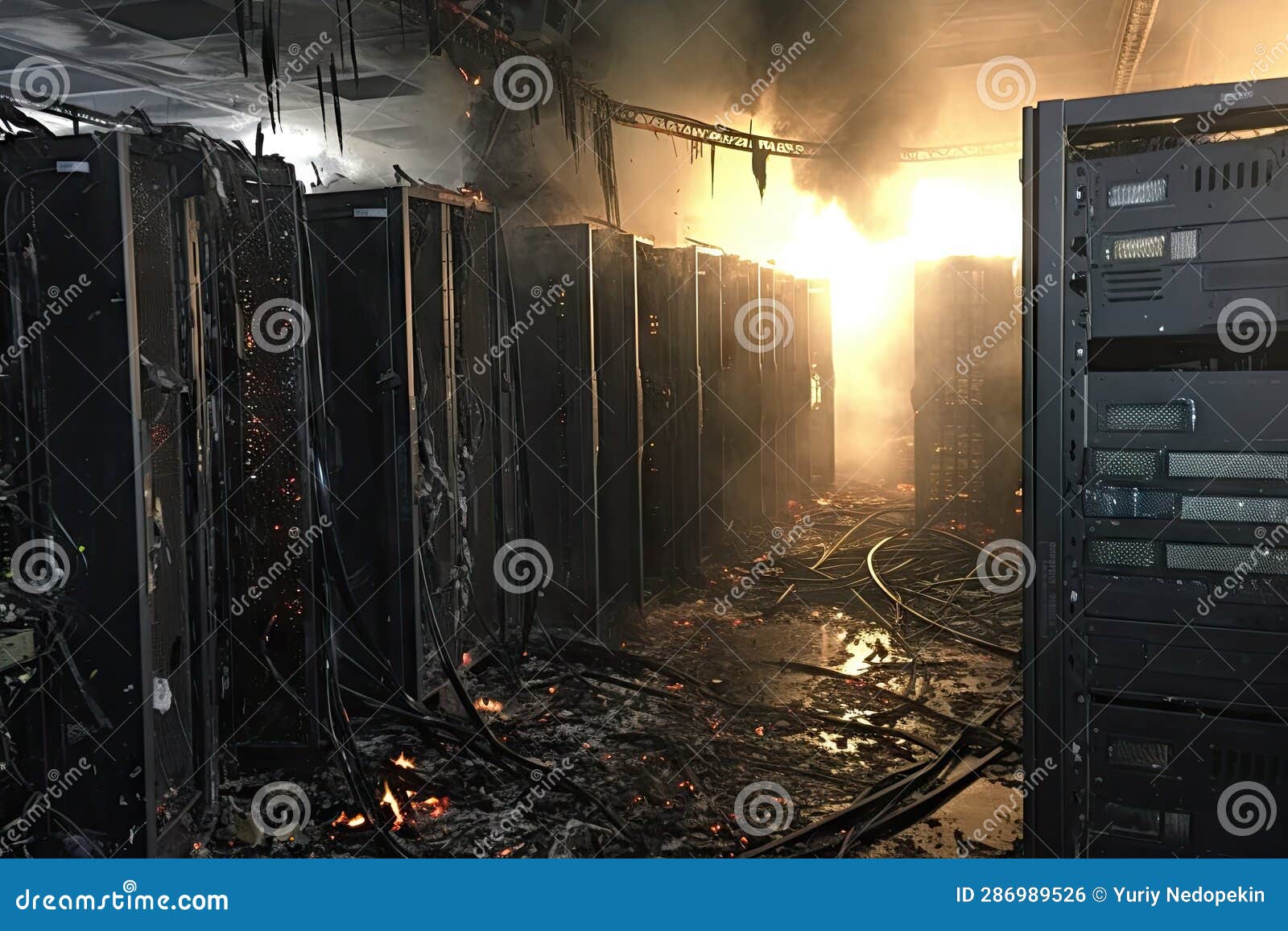 Flames and Smoke Billowing from Burning Server Racks Stock Photo ...