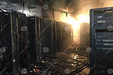 Flames and Smoke Billowing from Burning Server Racks Stock Photo ...