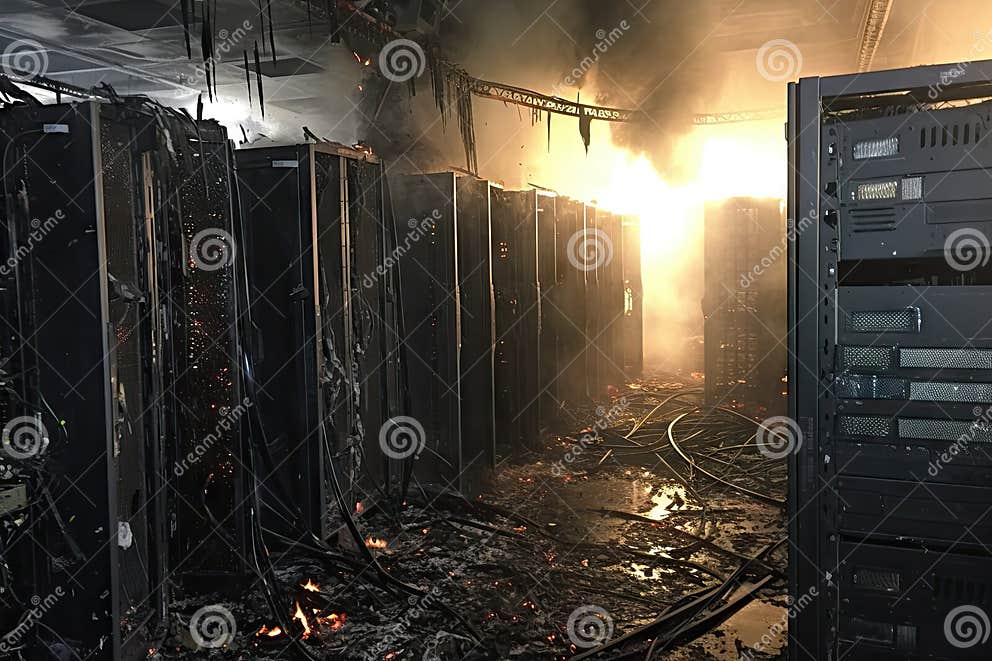 Flames and Smoke Billowing from Burning Server Racks Stock Photo ...