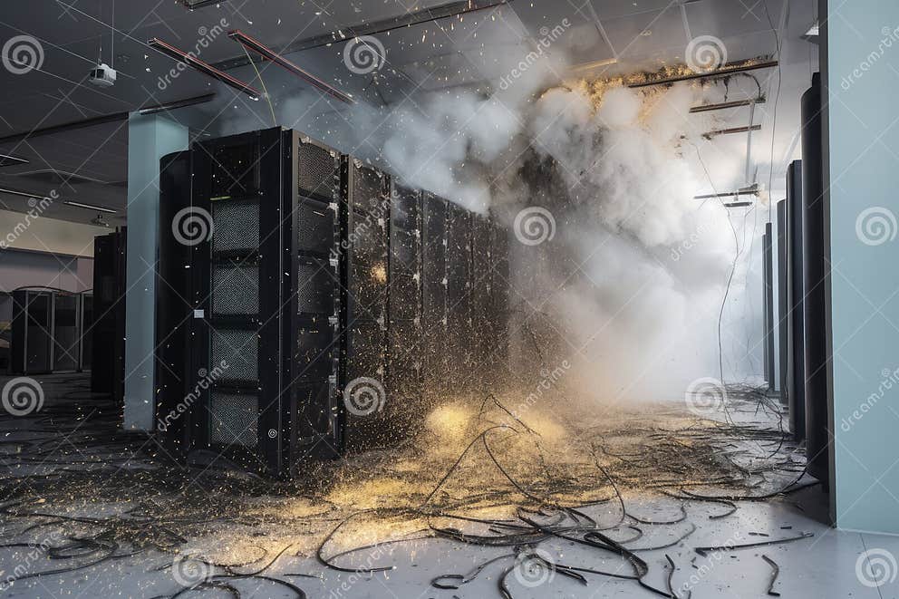 Flames and Smoke Billowing from Burning Server Racks Stock Illustration ...