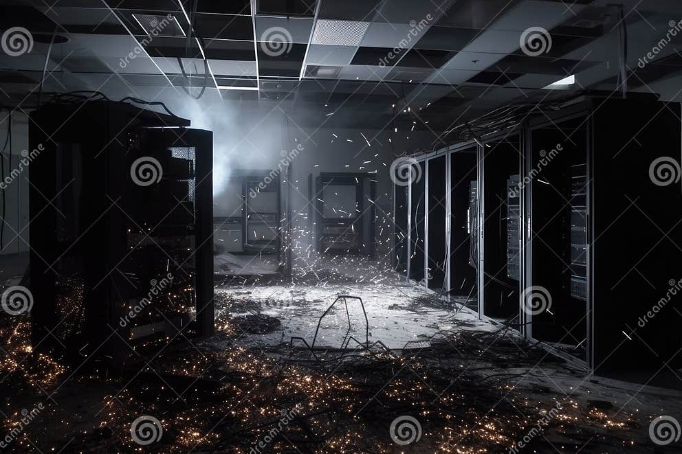 Flames and Smoke Billowing from Burning Server Racks Stock Illustration ...