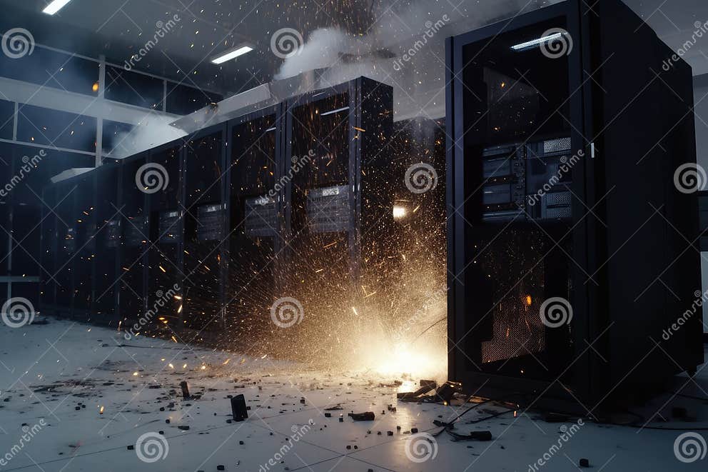 Flames and Smoke Billowing from Burning Server Racks Stock Photo ...