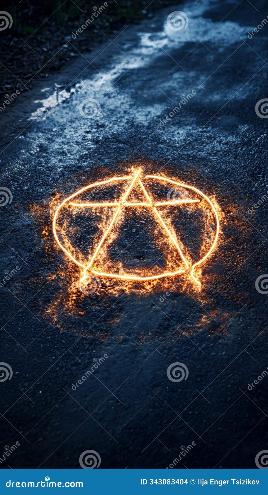 Flaming Anarchy Symbol, Encircled a Burning on Dark, Secluded Forest ...