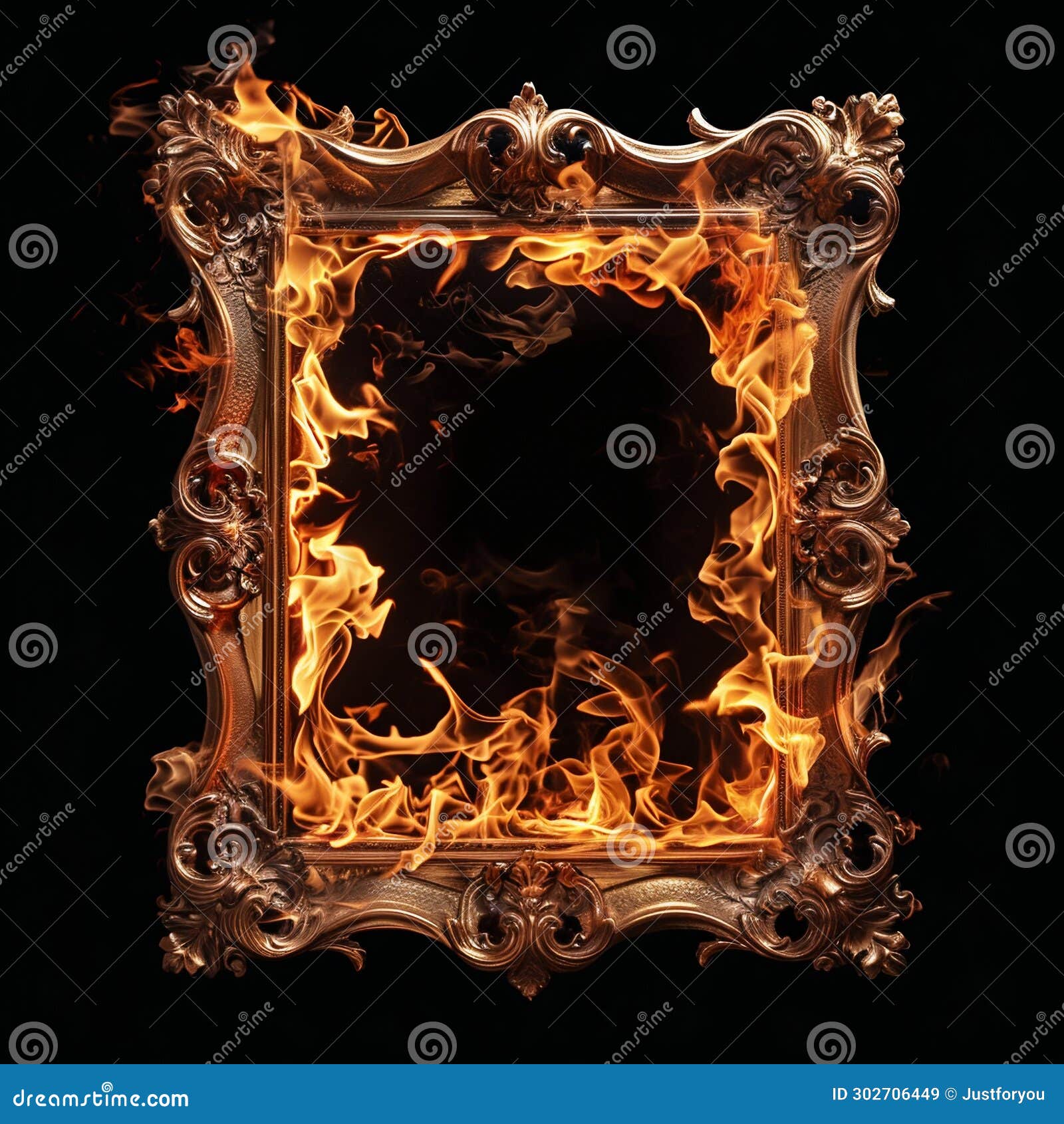 Flaming Antique Frame on Black Background. Generative Ai Stock ...
