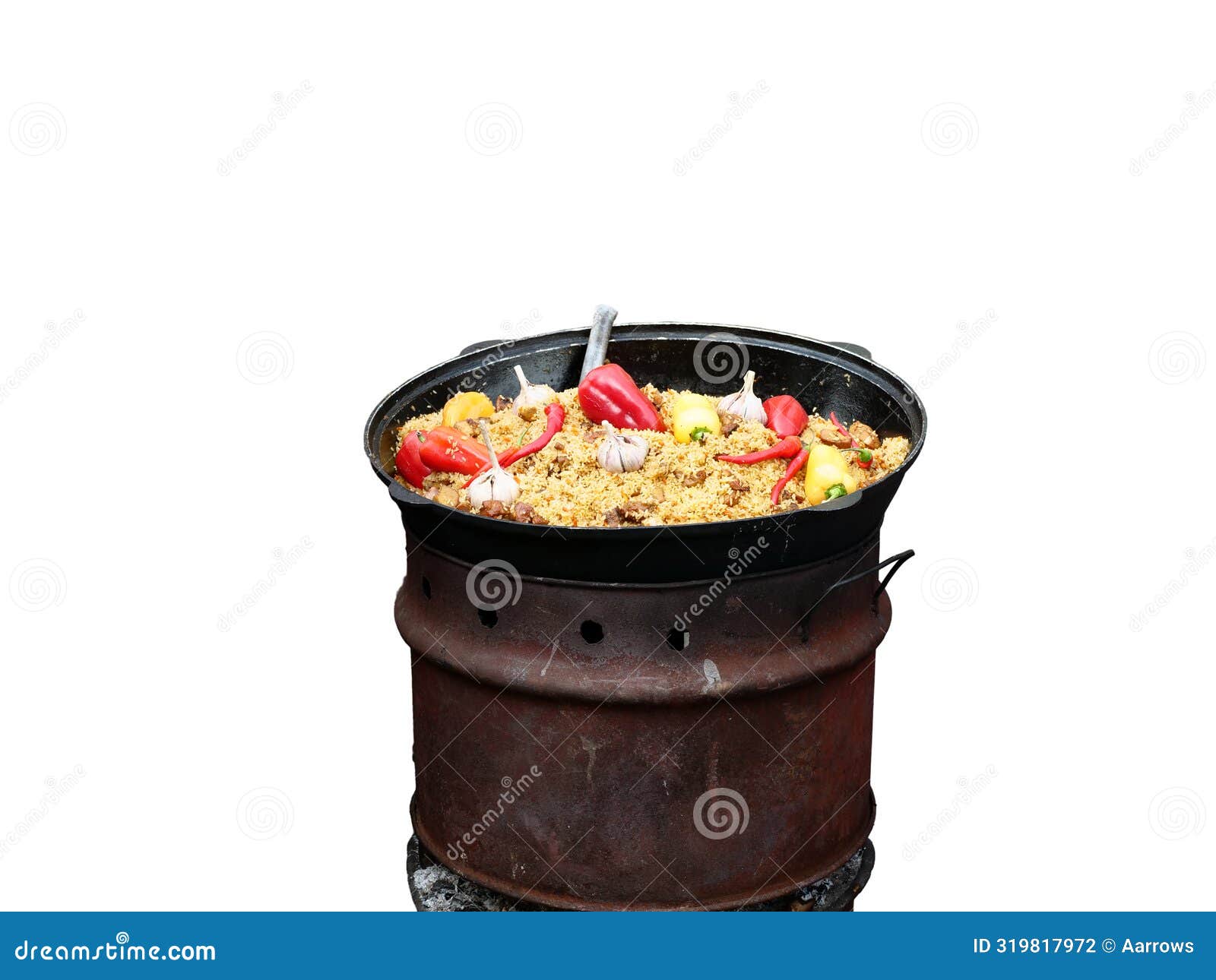 Flaming Barbecue Grill with Cooking Meal on White Background Stock ...