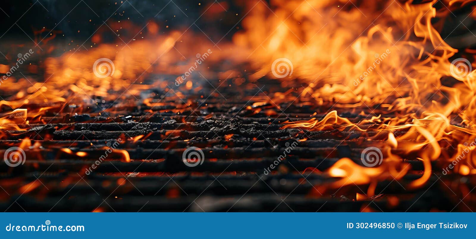 Flaming Barbecue Grill With Fire Flames On Black Background Empty Fire ...